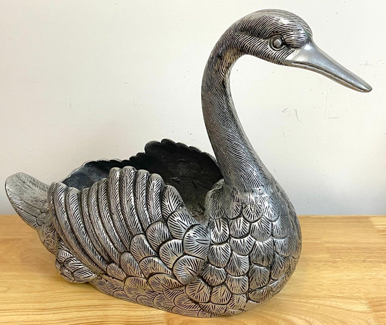 Pair of Large French Pewter Swan Cachepots For Sale at 1stDibs