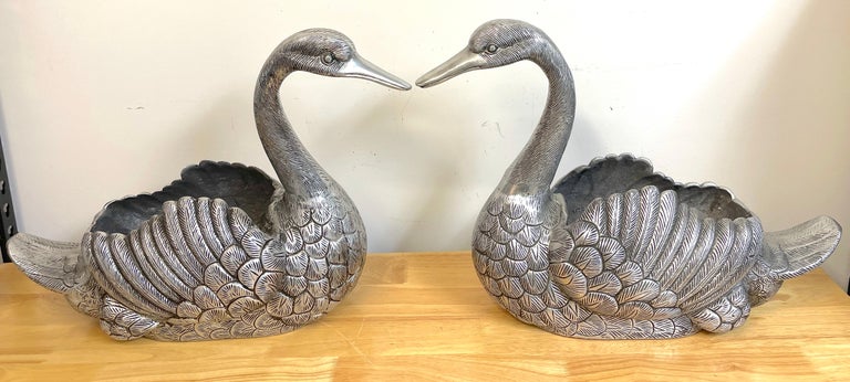 Pair of Large French Pewter Swan Cachepots For Sale at 1stDibs