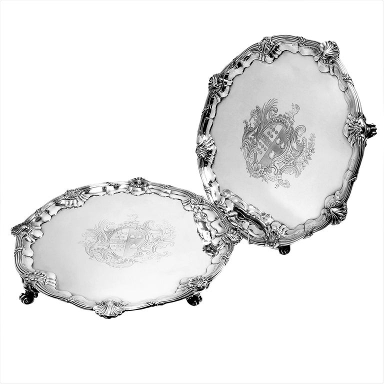 Pair of Large Georgian Silver Salvers / Waiters / Trays, 1827 at 1stDibs