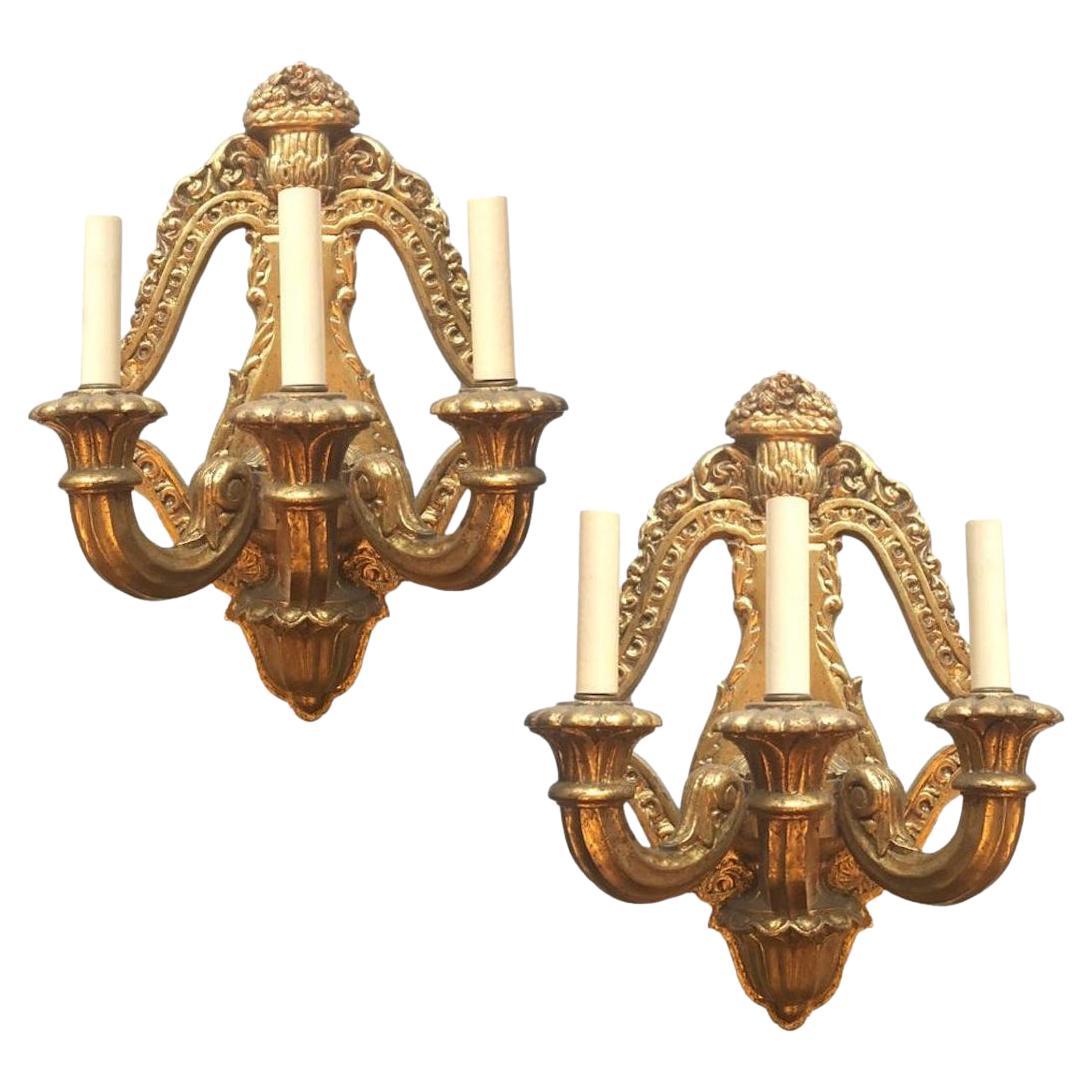 Pair of Large Neoclassic Gilt Wood Sconces at 1stDibs