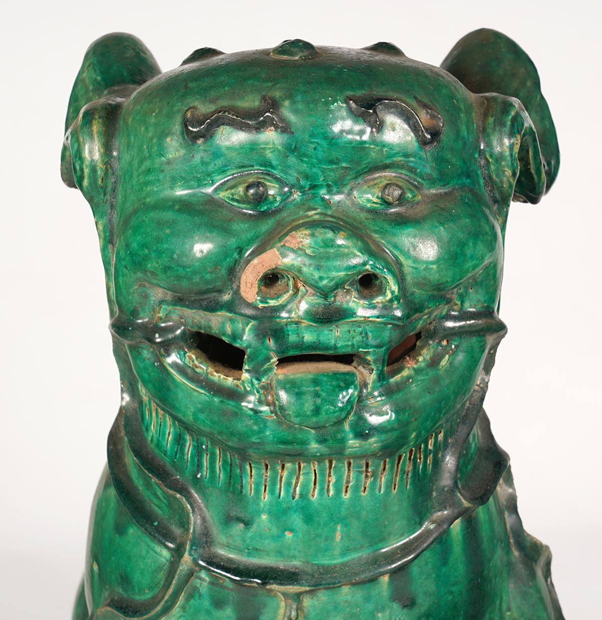 Pair of Large Green Glazed Chinese Terracotta Foo Dogs For Sale at 1stDibs