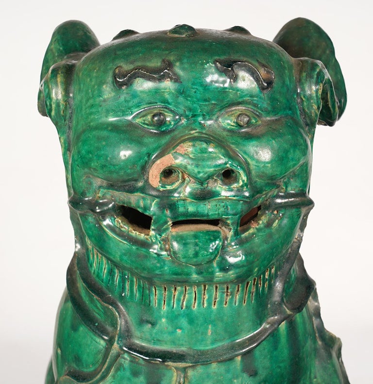 Pair of Large Green Glazed Chinese Terracotta Foo Dogs For Sale at 1stDibs