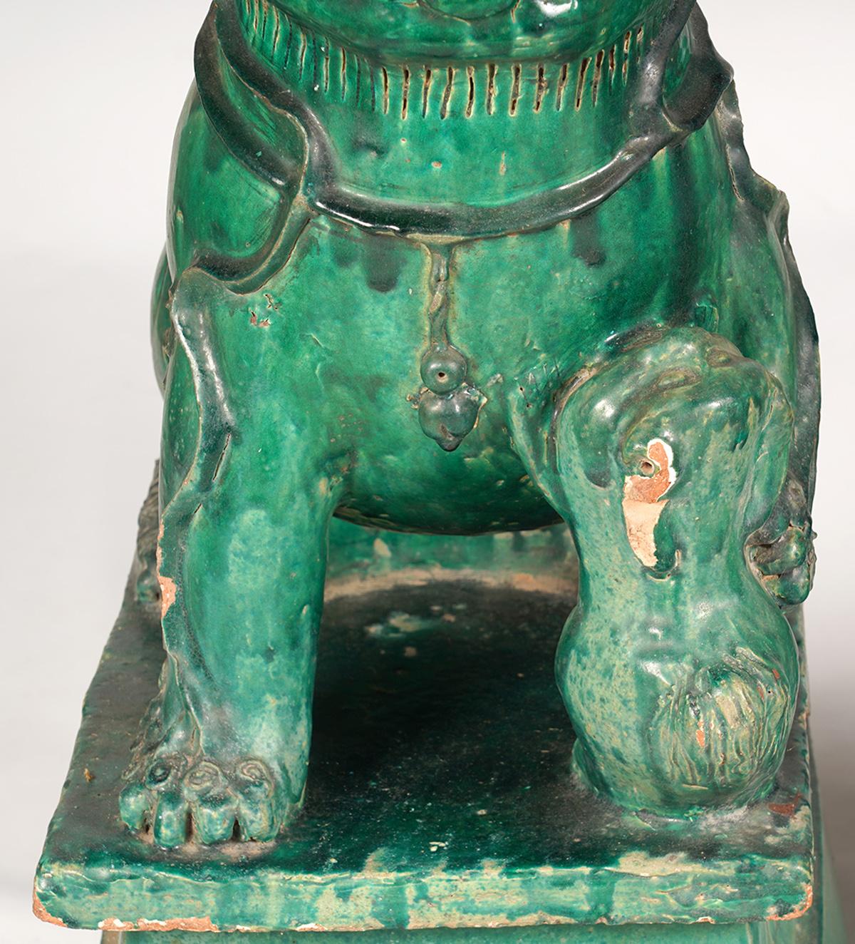 Pair of Large Green Glazed Chinese Terracotta Foo Dogs For Sale at 1stDibs