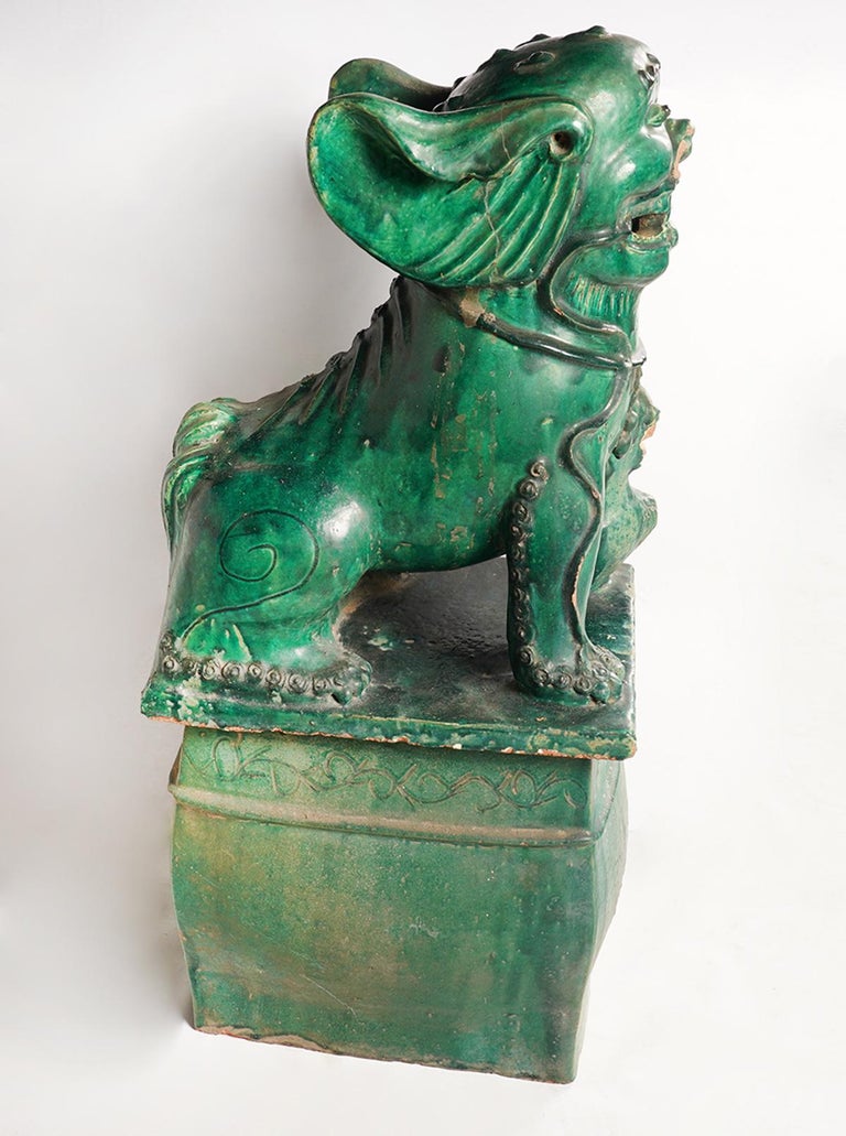 Pair of Large Green Glazed Chinese Terracotta Foo Dogs For Sale at 1stDibs