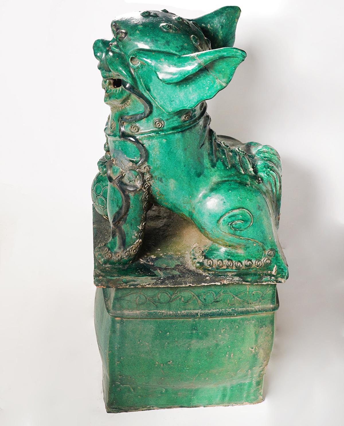 Pair of Large Green Glazed Chinese Terracotta Foo Dogs For Sale at 1stDibs