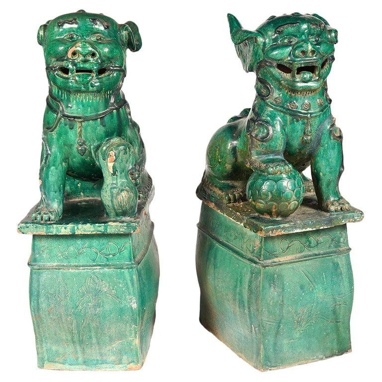 Pair of Large Green Glazed Chinese Terracotta Foo Dogs For Sale at 1stDibs