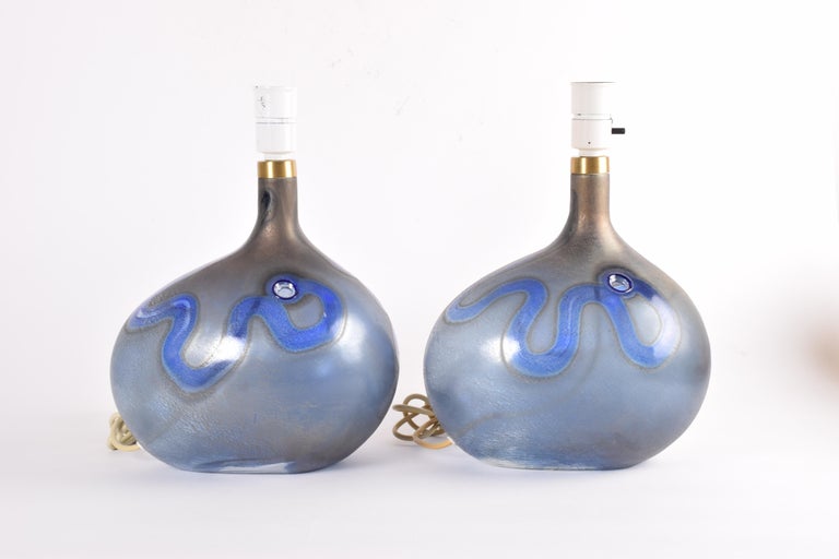 Pair of Large Holmegaard Lamp Art Blue Sculptural Glass Table Lamps ...