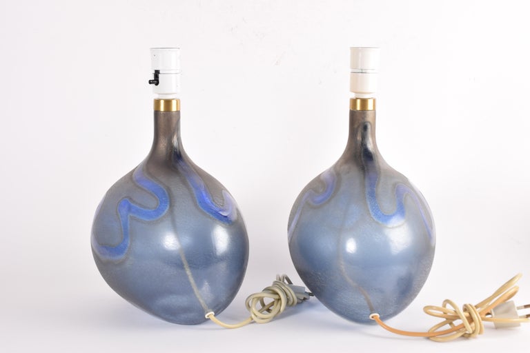Pair of Large Holmegaard Lamp Art Blue Sculptural Glass Table Lamps ...