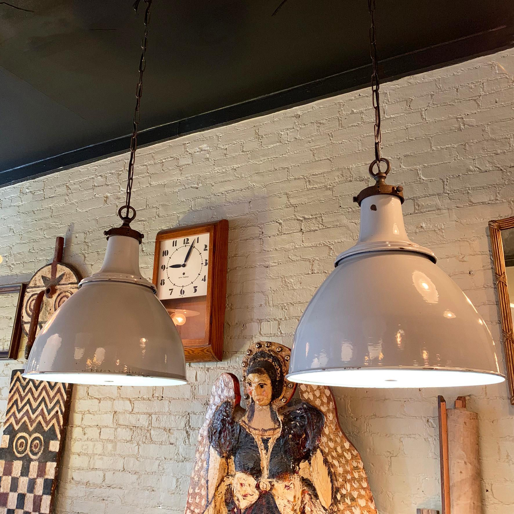 Pair of Large Industrial Enameled Steel Dome Factory Pendant Lights at ...