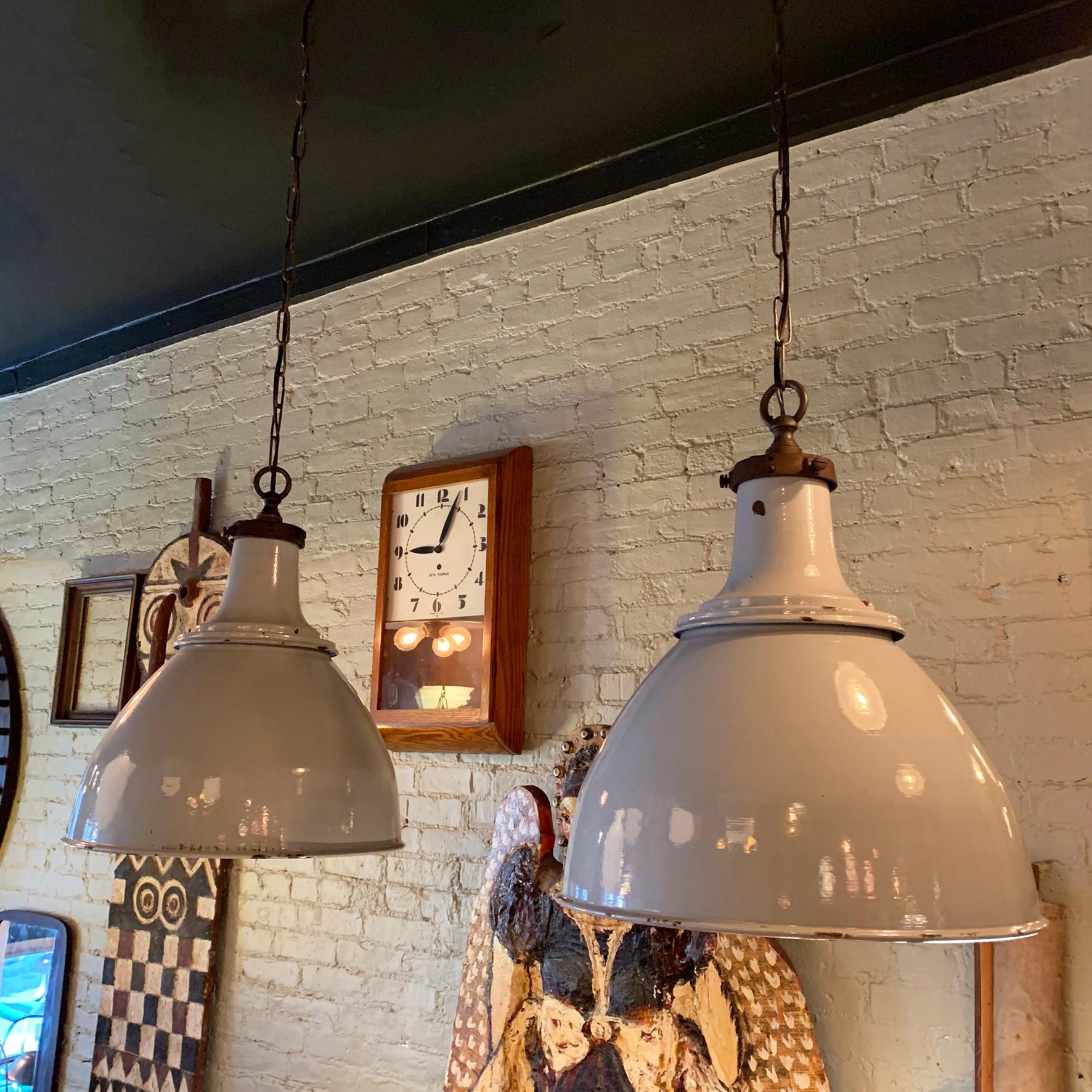 Pair of Large Industrial Enameled Steel Dome Factory Pendant Lights at ...