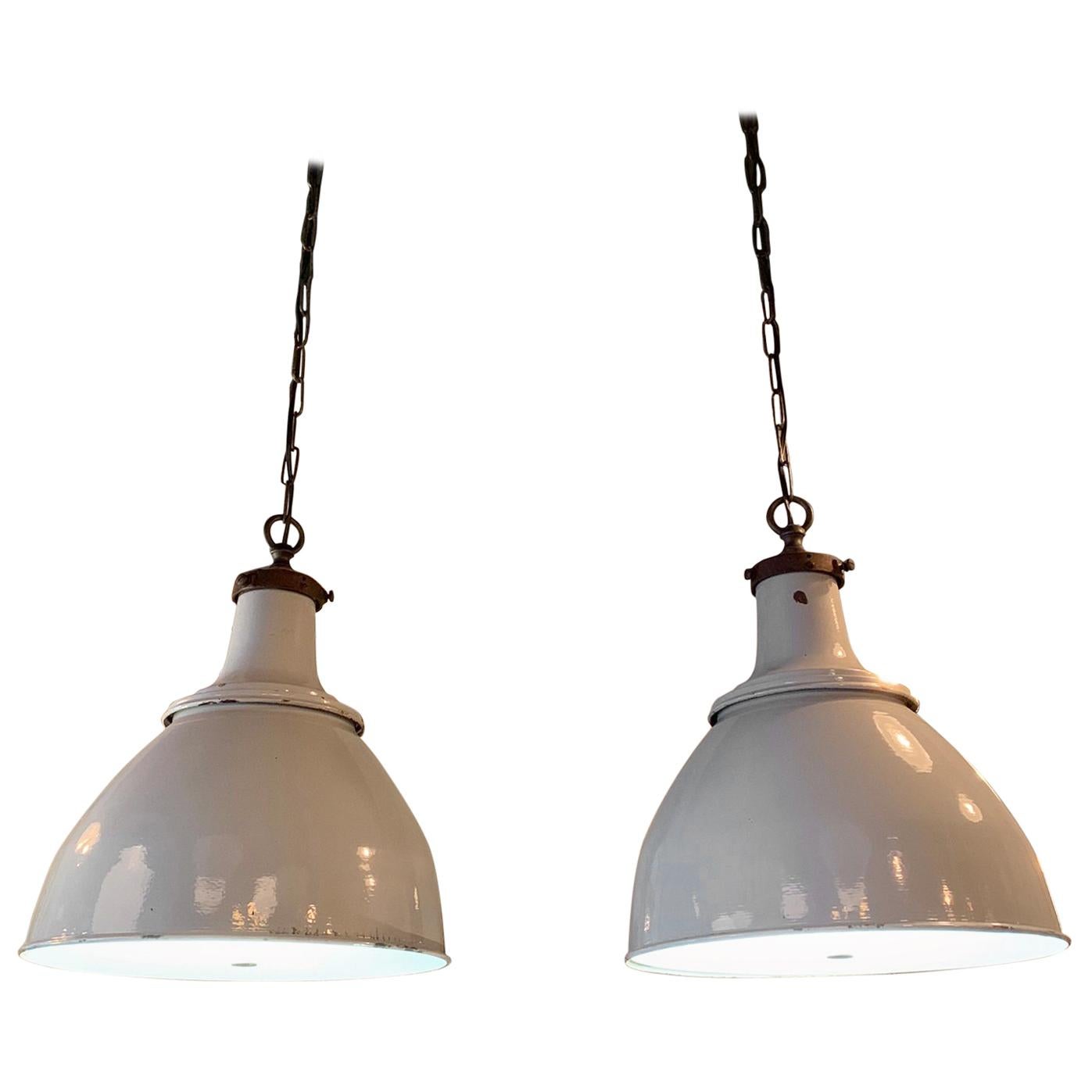 Pair of Large Industrial Enameled Steel Dome Factory Pendant Lights at ...