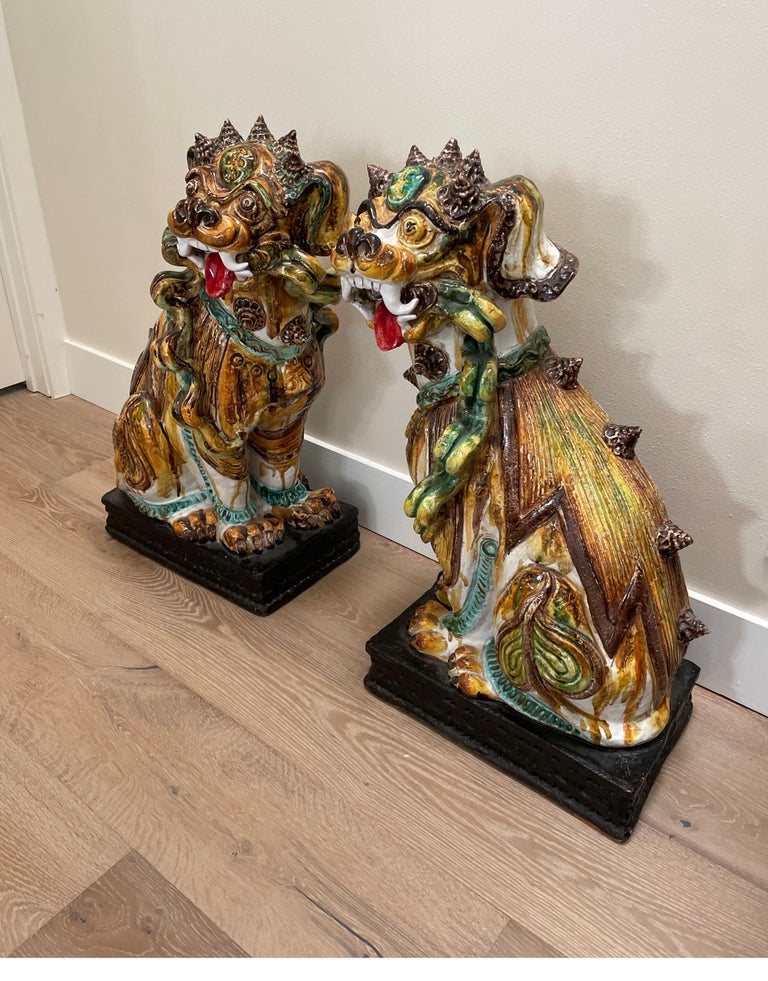 Pair of Large Italian Glazed Terra Cotta Foo Dogs For Sale at 1stDibs