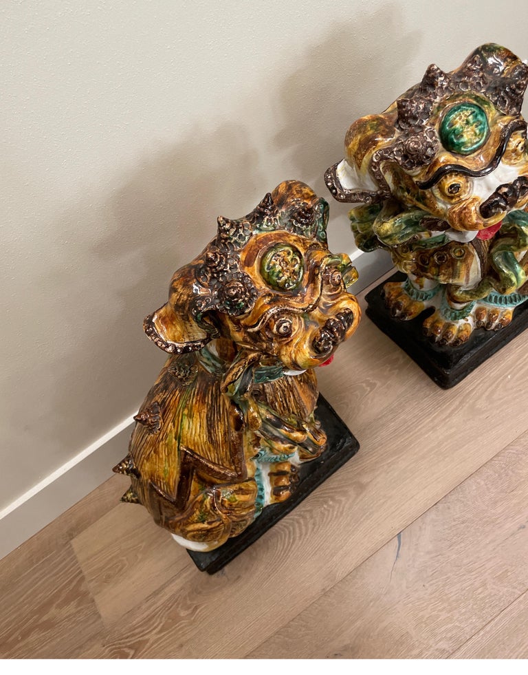 Pair of Large Italian Glazed Terra Cotta Foo Dogs For Sale at 1stDibs