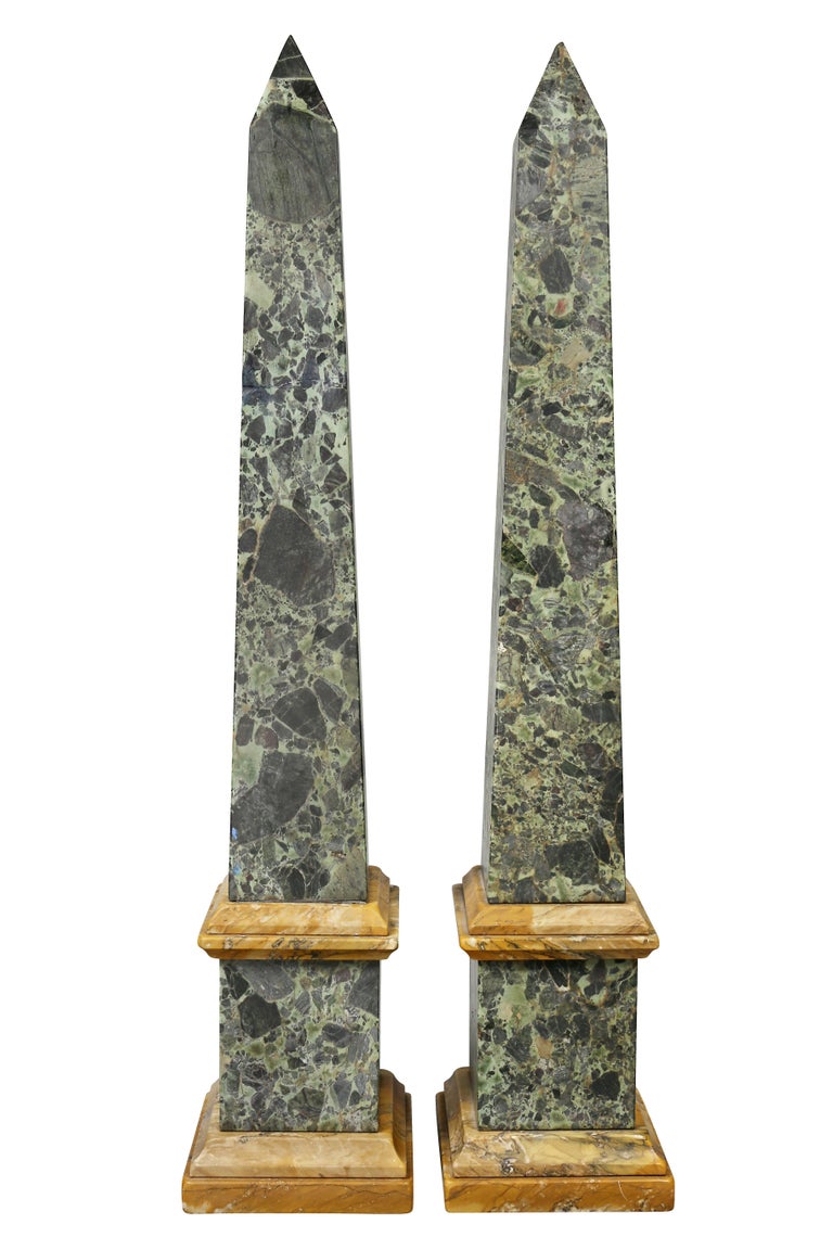 Pair of Large Italian Grand Tour Verde Antico and Siena Marble Obelisks ...
