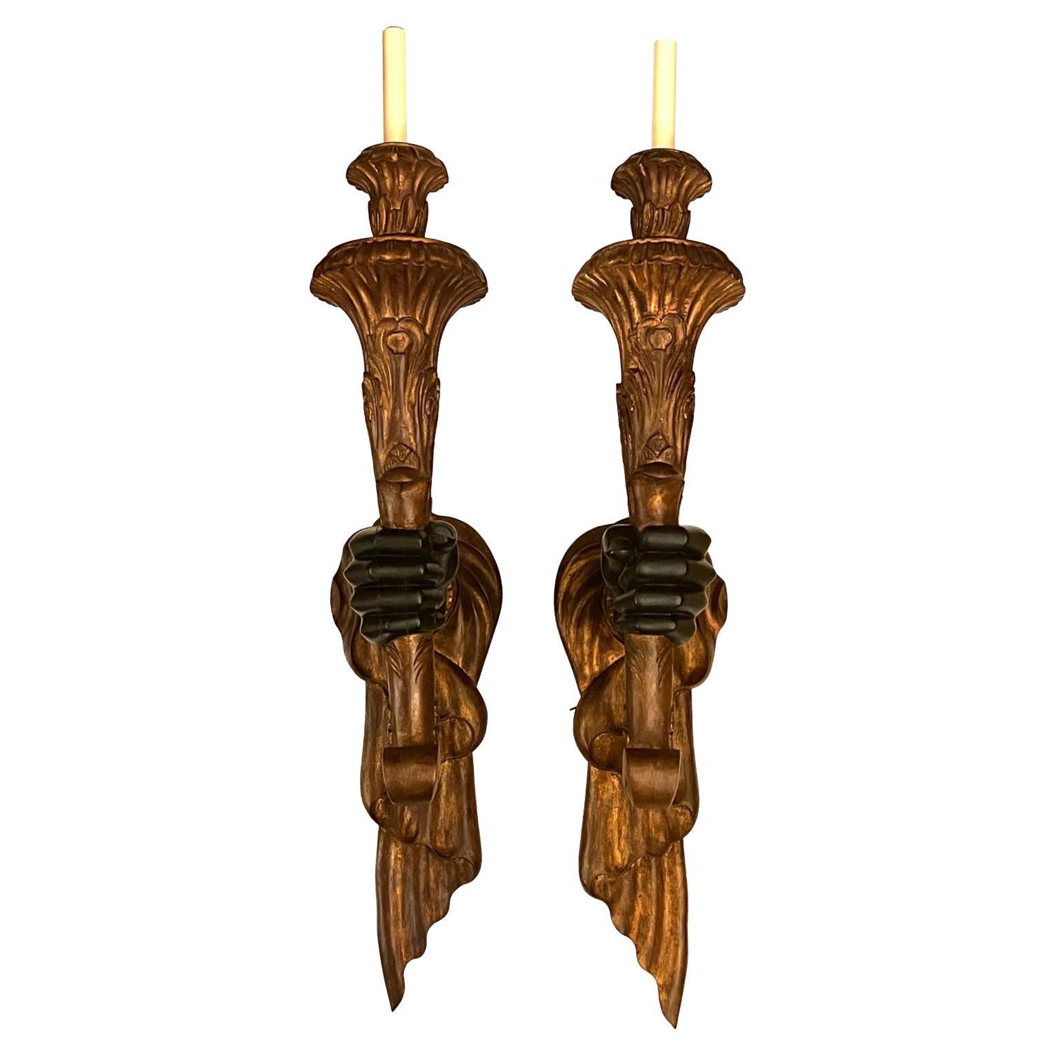 Pair of Italian Black and White Ceramic Hand Sconces For Sale at 1stDibs