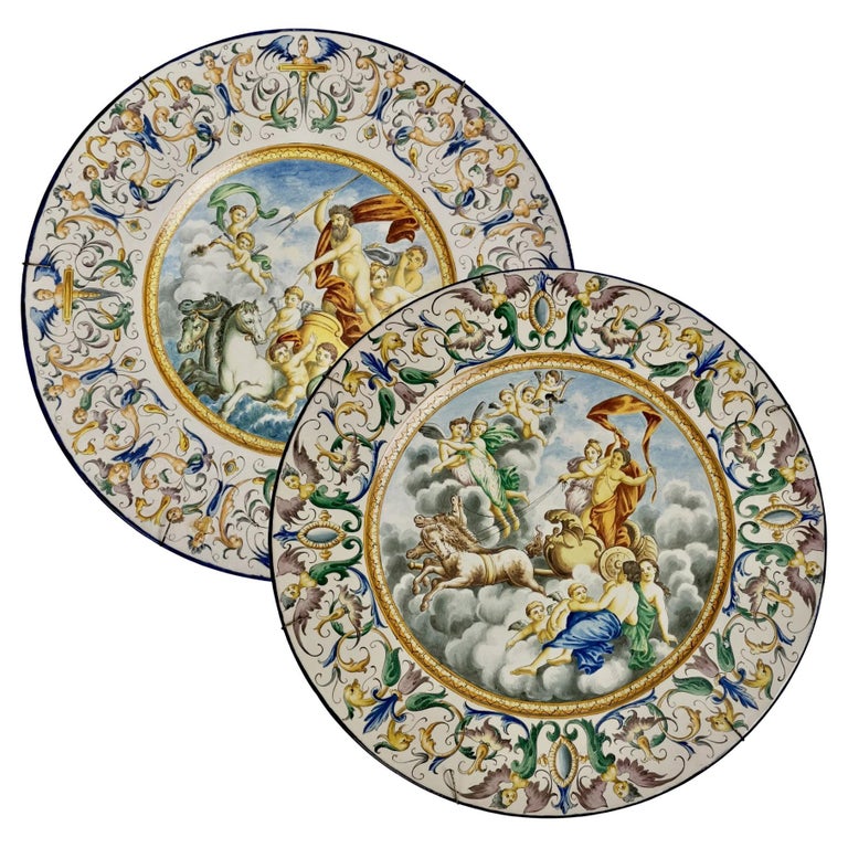 Pair of Large Italian Maiolica Chargers, Venus and Neptune, 19th ...