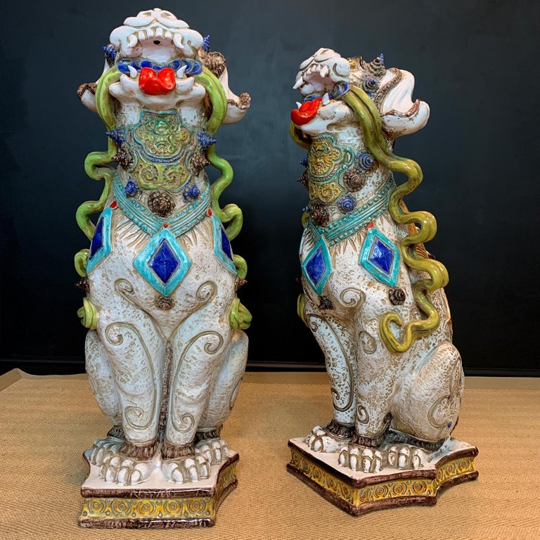 Pair of Large Italian Majolica Foo Dogs, 1950s at 1stDibs