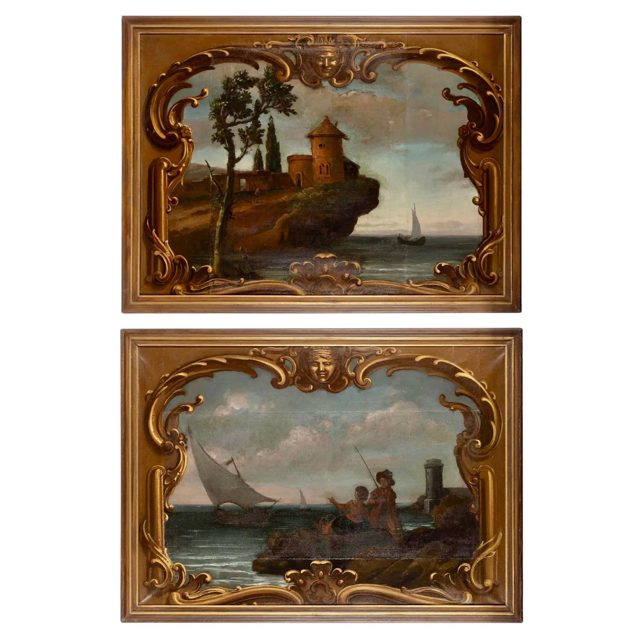 Pair Of Large Italian Seascape Paintings With Baroque Trompe L’oeil ...