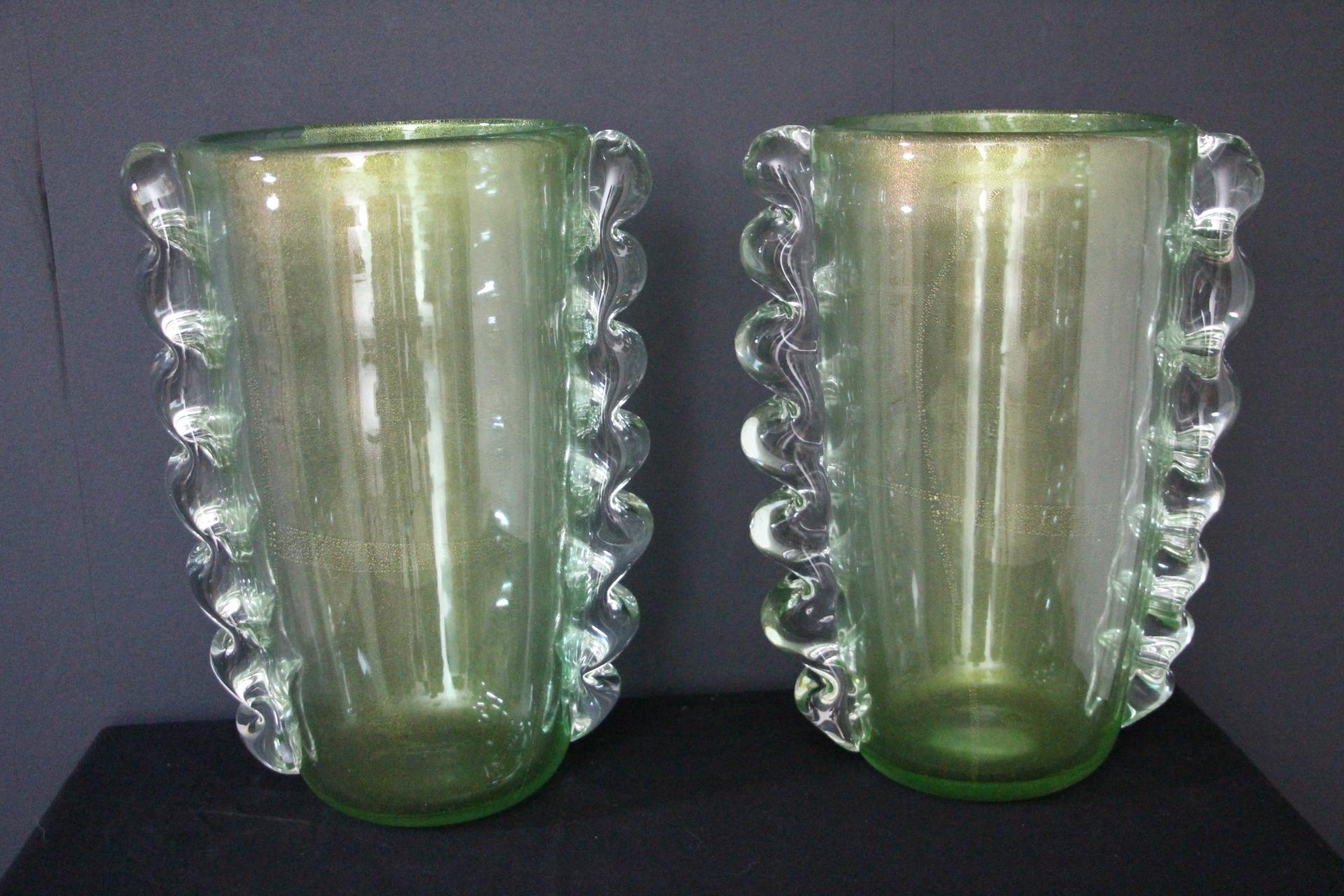 Pair of Large Jade Green and golden Color Murano Glass Vases by ...