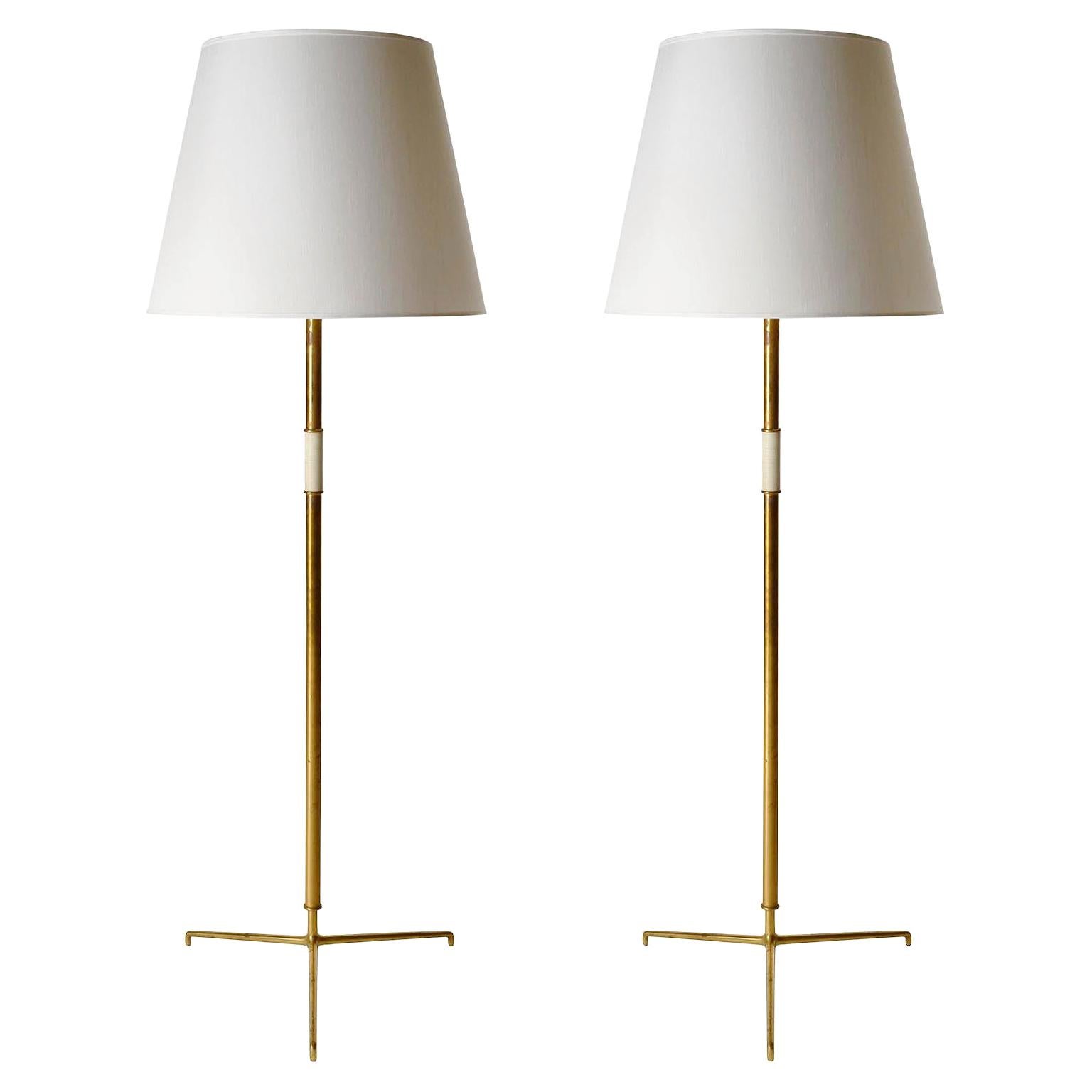 Pair of Large J.T. Kalmar Floor Lamps, Leather Brass Tripod Base, 1960 ...