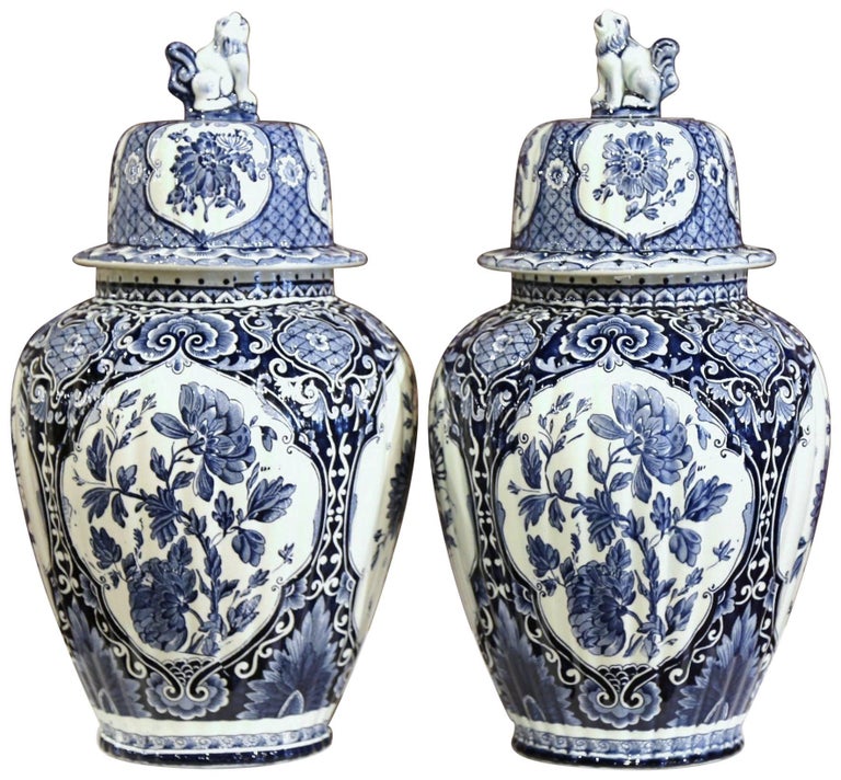 Pair of Mid-20th Century Dutch Blue and White Maastricht Delft Ginger ...