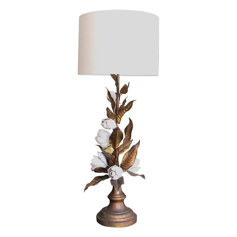 Pair of Large Mid Century 1950s Handcrafted Floral Toleware Table Lamps ...