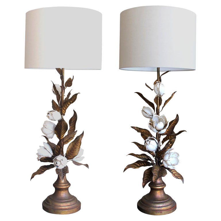 Pair of Large Mid Century 1950s Handcrafted Floral Toleware Table Lamps ...