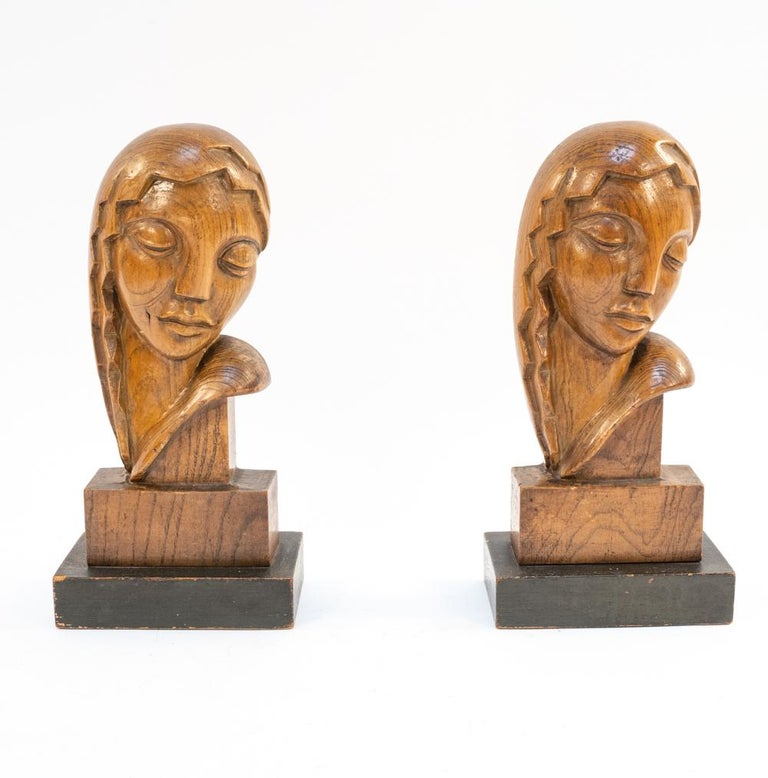 Pair of Large Midcentury Carved Wood Female Bust Reliefs, as Bookends ...