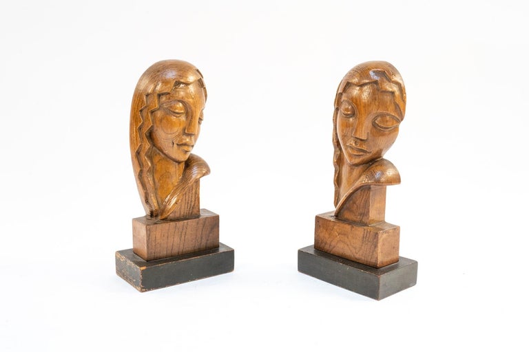 Pair of Large Midcentury Carved Wood Female Bust Reliefs, as Bookends ...