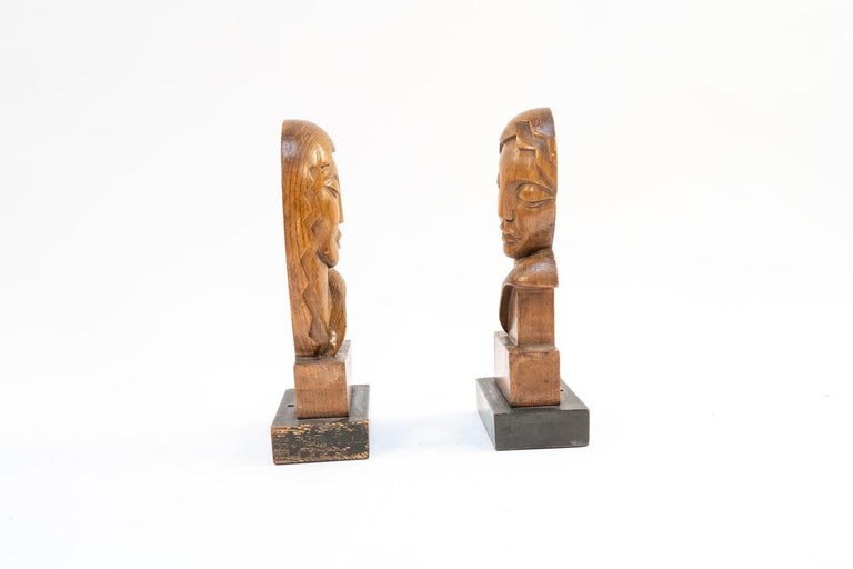 Pair of Large Midcentury Carved Wood Female Bust Reliefs, as Bookends ...