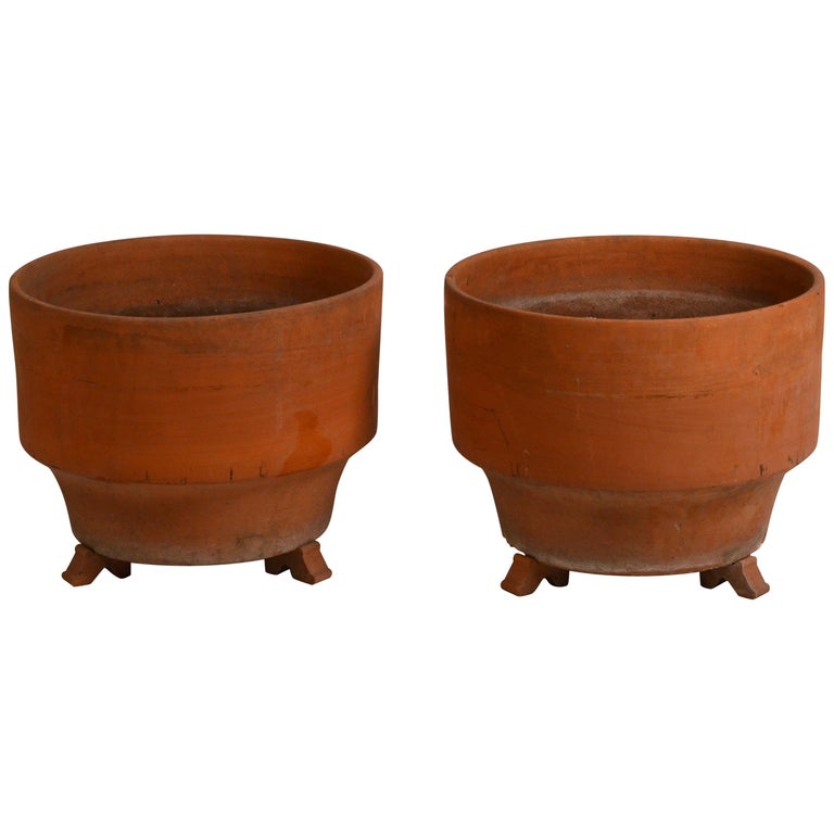 Pair of Large Midcentury Unglazed Terracotta Planters on Stands at 1stDibs