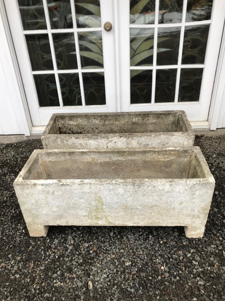 Pair of Large Minimalist French Rectangular Cast Stone Planters at 1stDibs