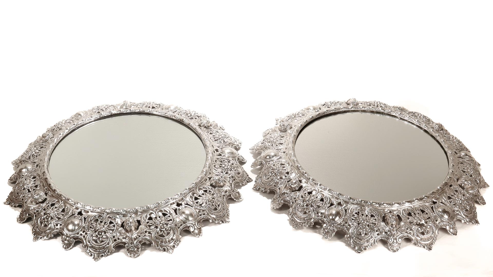 Pair of Large Mirrored Rococo Style Sterling Silver Table Plateaus with ...