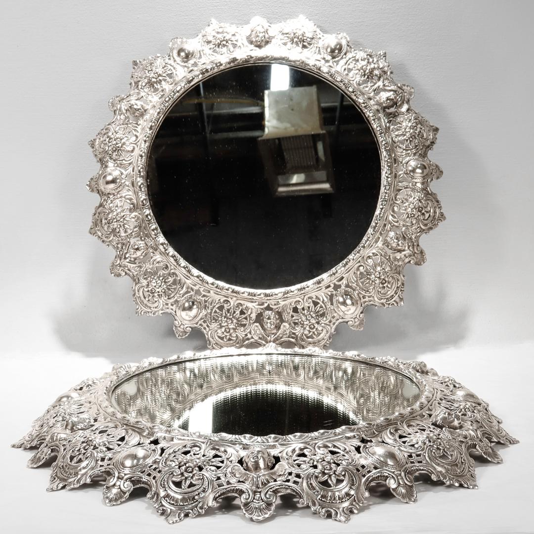 Pair of Large Mirrored Rococo Style Sterling Silver Table Plateaus with ...