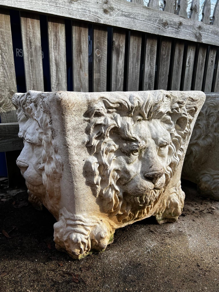 Pair of Large Neoclassical Stone Planters with Lions Faces at 1stDibs