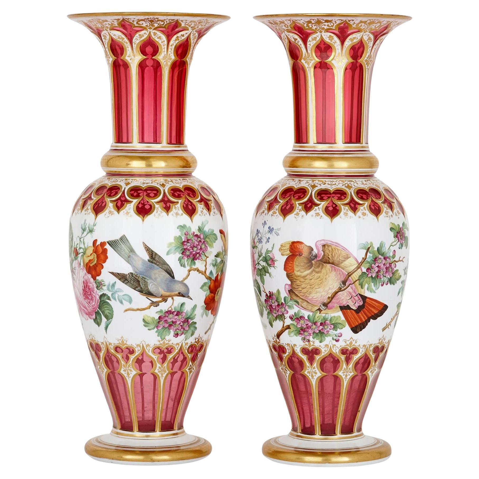 Baccarat Opaline Glass Vase with Handpainted Flower c.1890 at 1stDibs