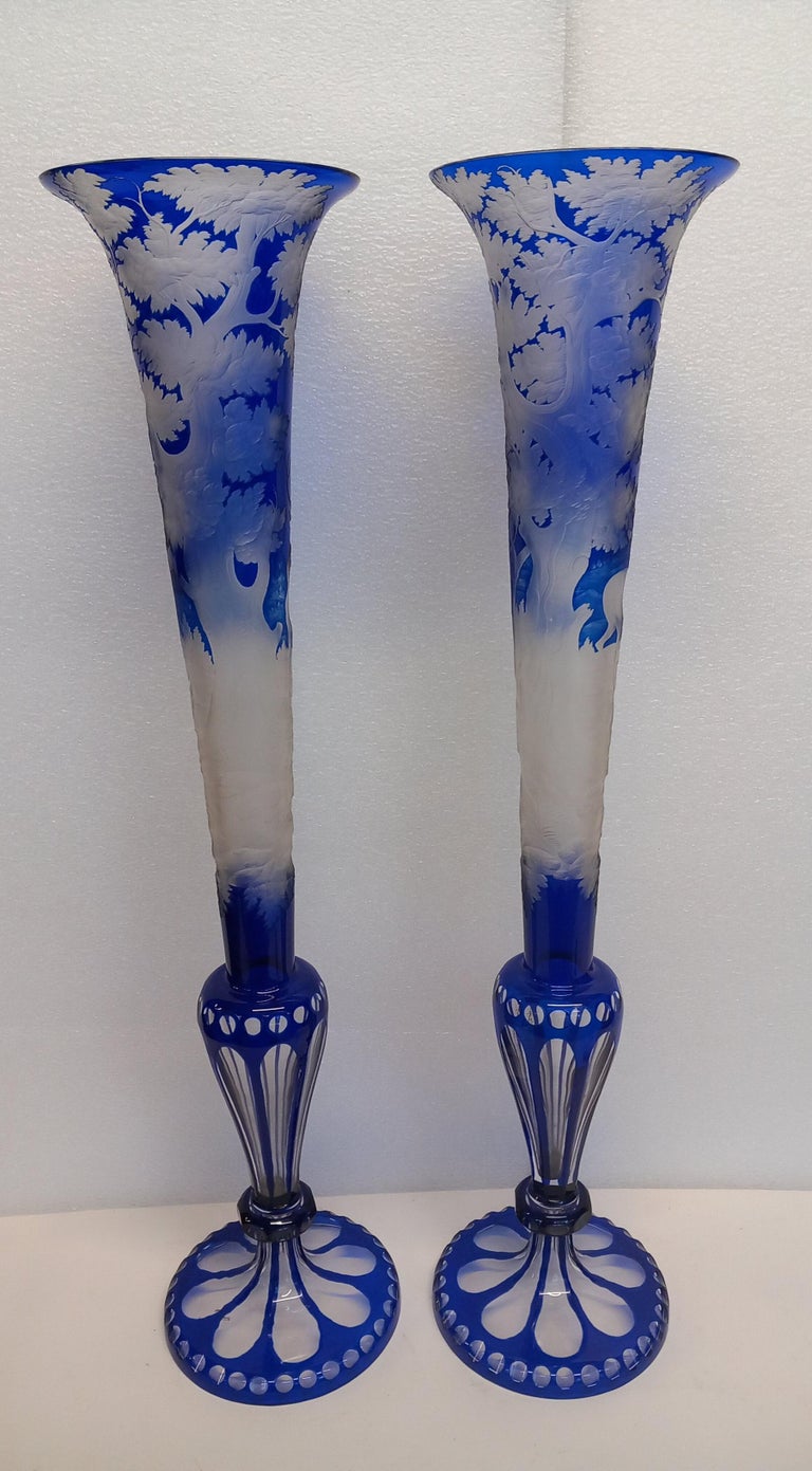 Pair of Large Overly Bohemain Trumpet Vases For Sale at 1stDibs