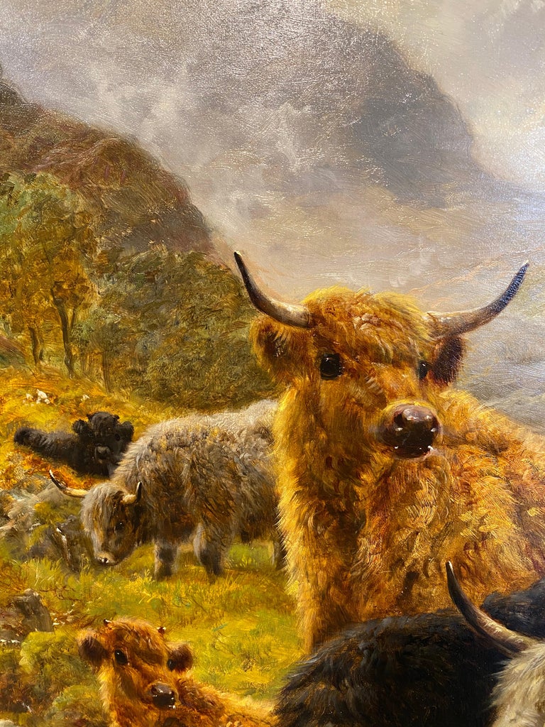 Pair of Large Paintings by Robert Watson "Highland Cattle and Sheep in ...