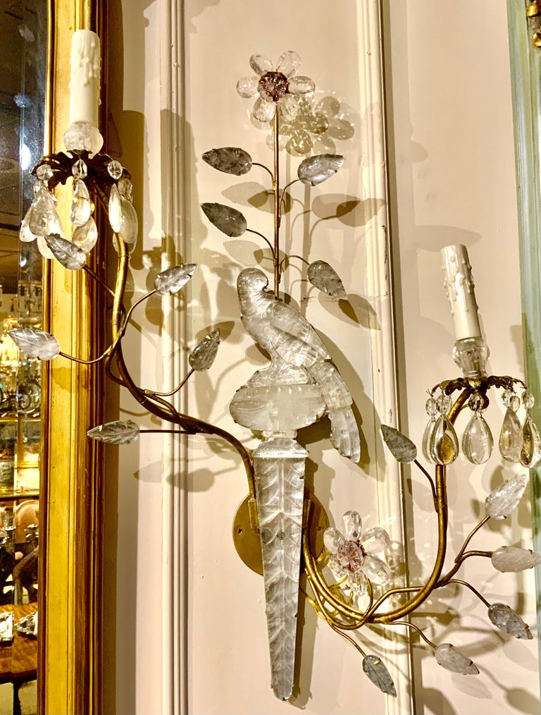 Pair of Large Rock Crystal Bird Sconces by Maison Bagues at 1stDibs