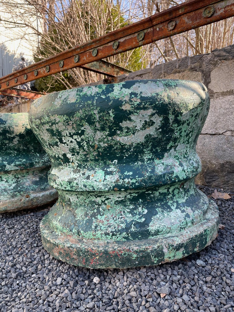Pair of Large Round French Cast Stone Planters in Green-Painted Surface ...