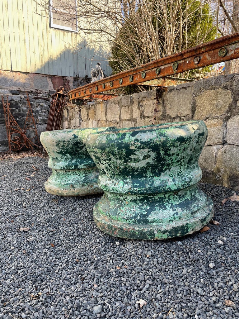 Pair of Large Round French Cast Stone Planters in Green-Painted Surface ...
