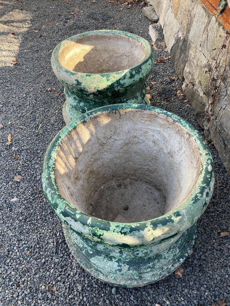 Pair of Large Round French Cast Stone Planters in Green-Painted Surface ...