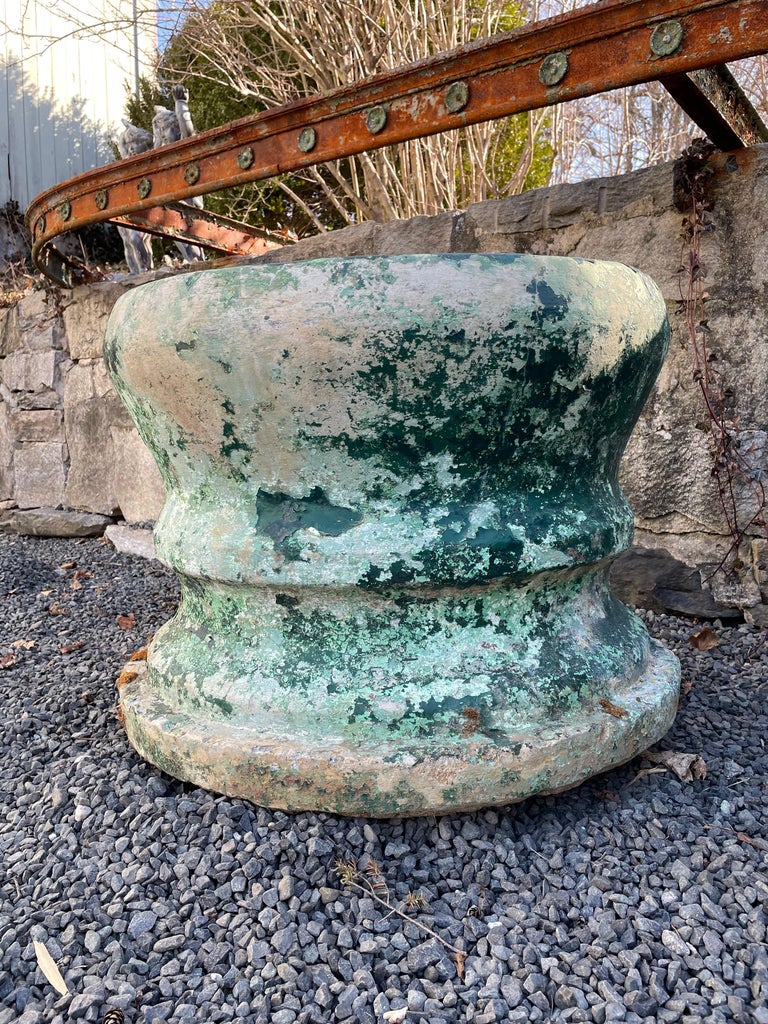Pair of Large Round French Cast Stone Planters in Green-Painted Surface ...