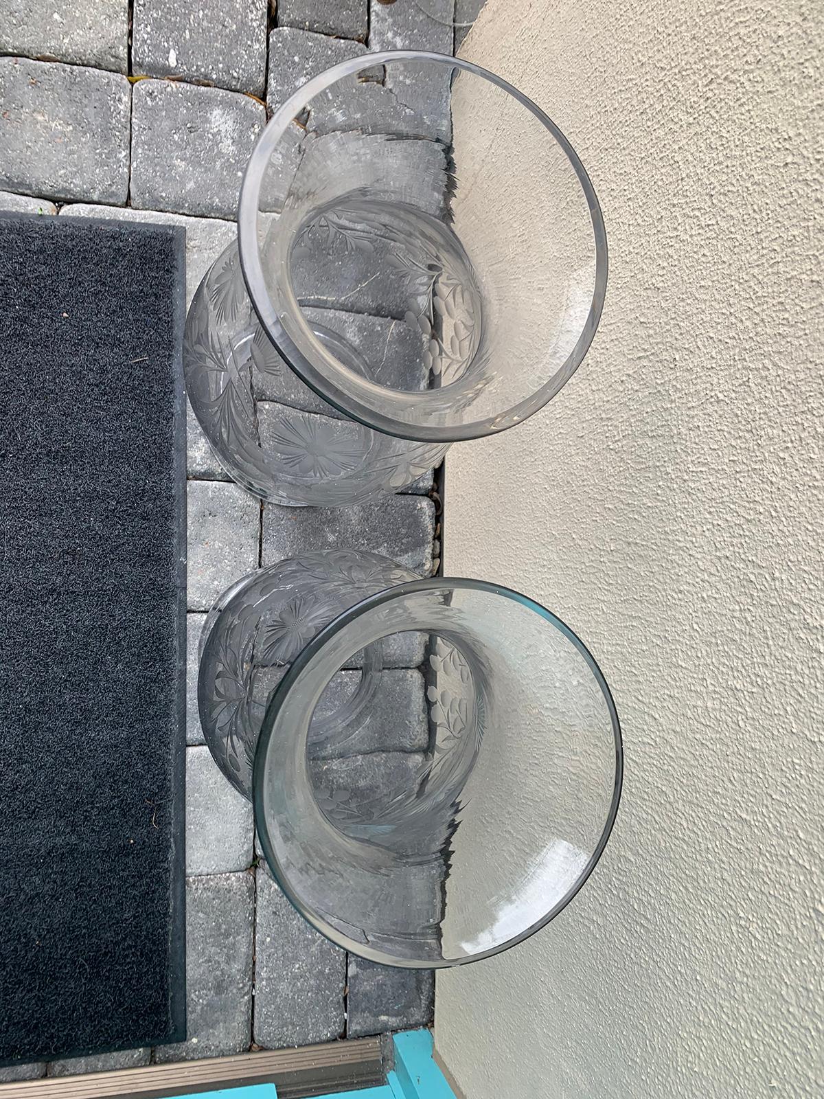 Pair of Large Scale 19th Century Etched Glass Hurricanes at 1stDibs