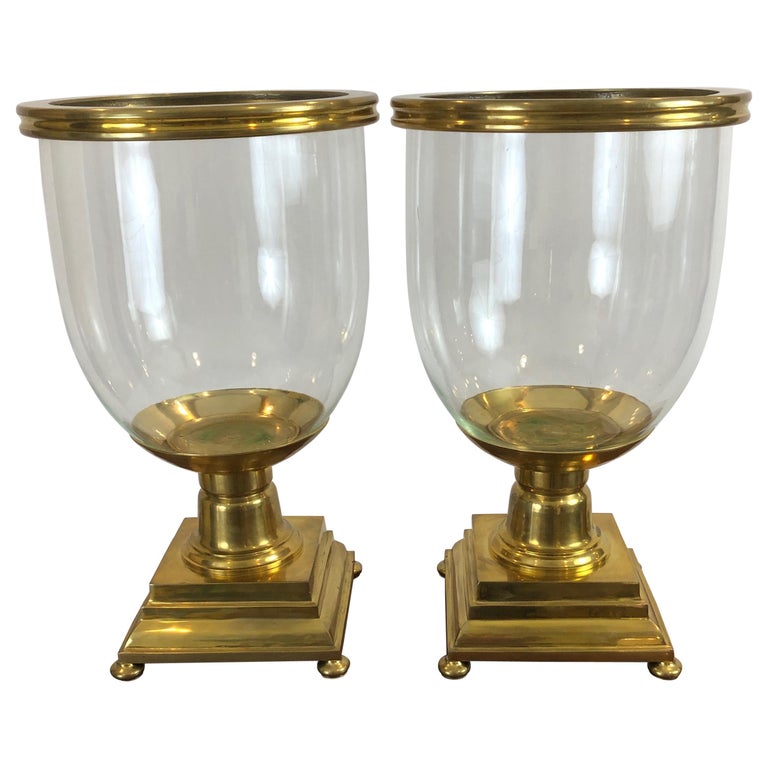 Pair of Large Scale Brass and Blown Glass Hurricanes at 1stDibs
