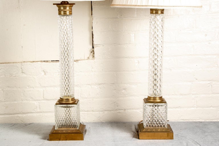 Pair of Large Scale Cut Crystal Column Lamps at 1stDibs