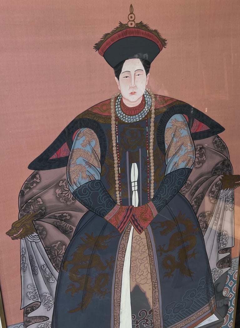 Pair Of Large Scale Framed Chinese Ancestor Portraits, Oil On Silk For ...