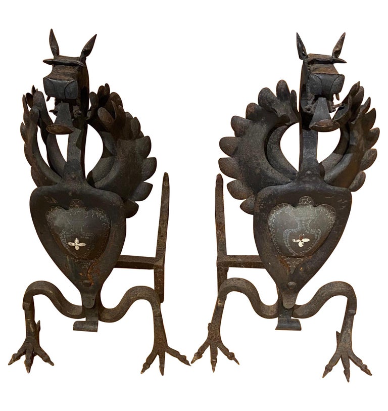 Pair of Large Scale Wrought Iron Dragon Andirons, Possibly by Samuel ...