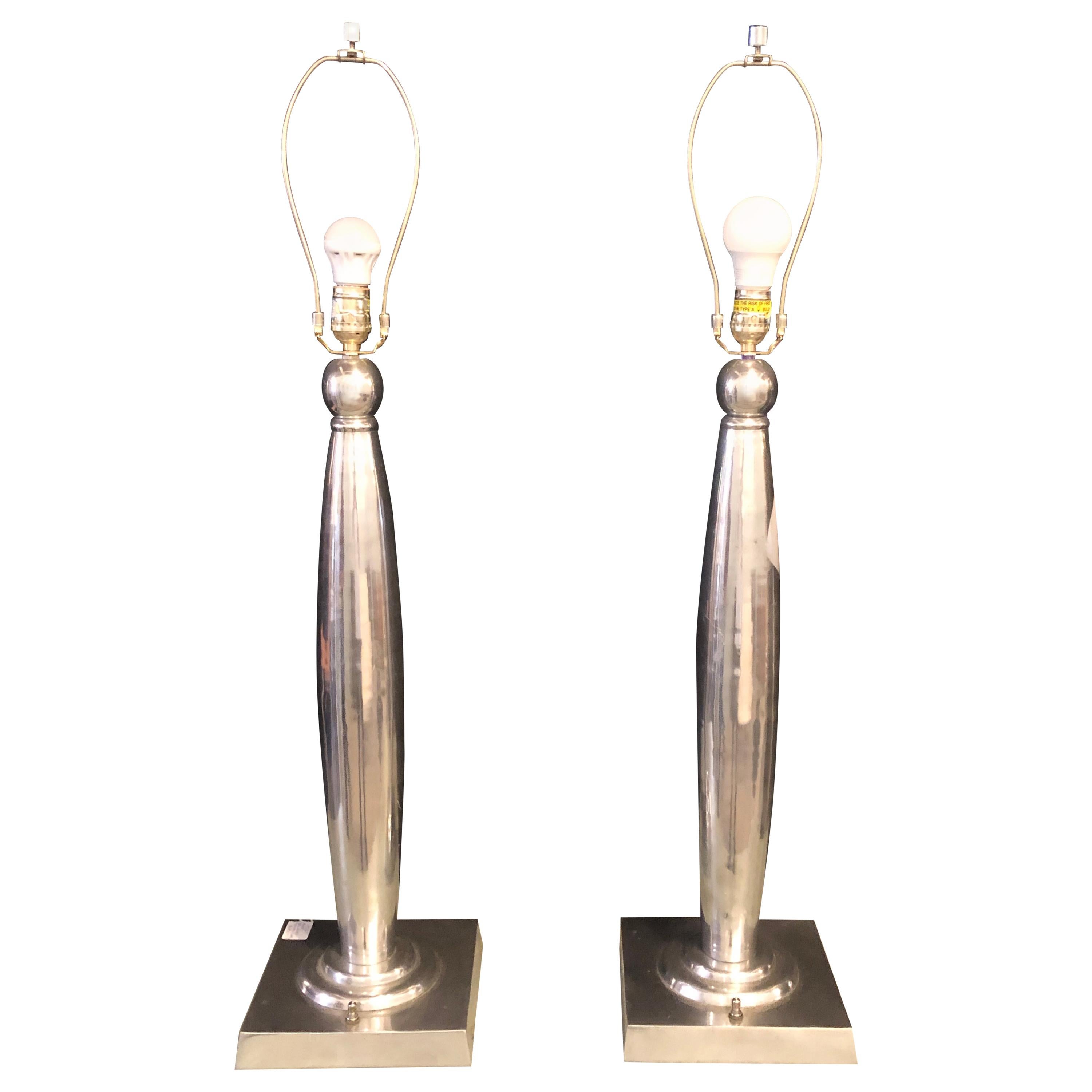 Pair of Large Silvered Metal Table Lamps, Mid-Century Modern at 1stDibs