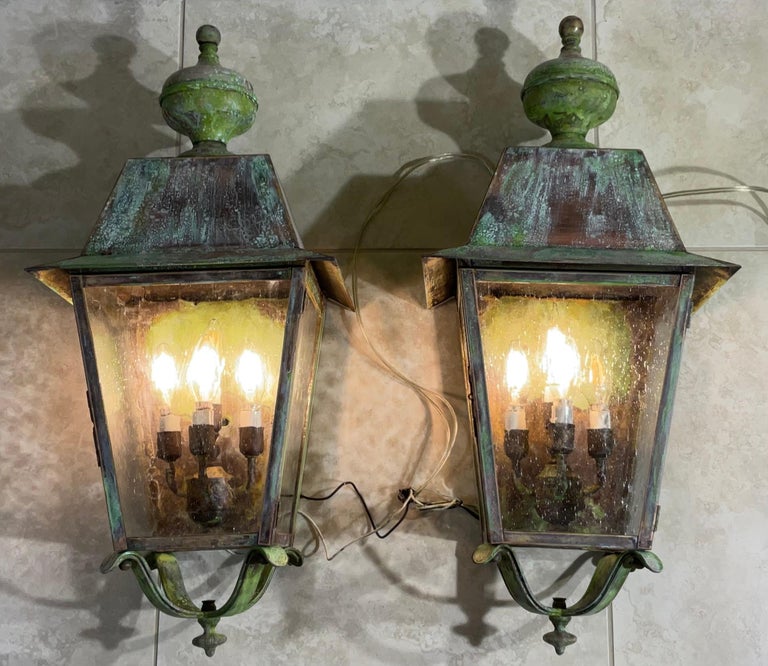 Pair of Large Solid Brass Architectural Wall Lantern For Sale at 1stDibs